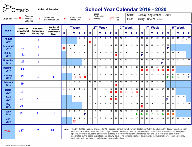 School Year Calendar 2019-2020 – Near North District School Board