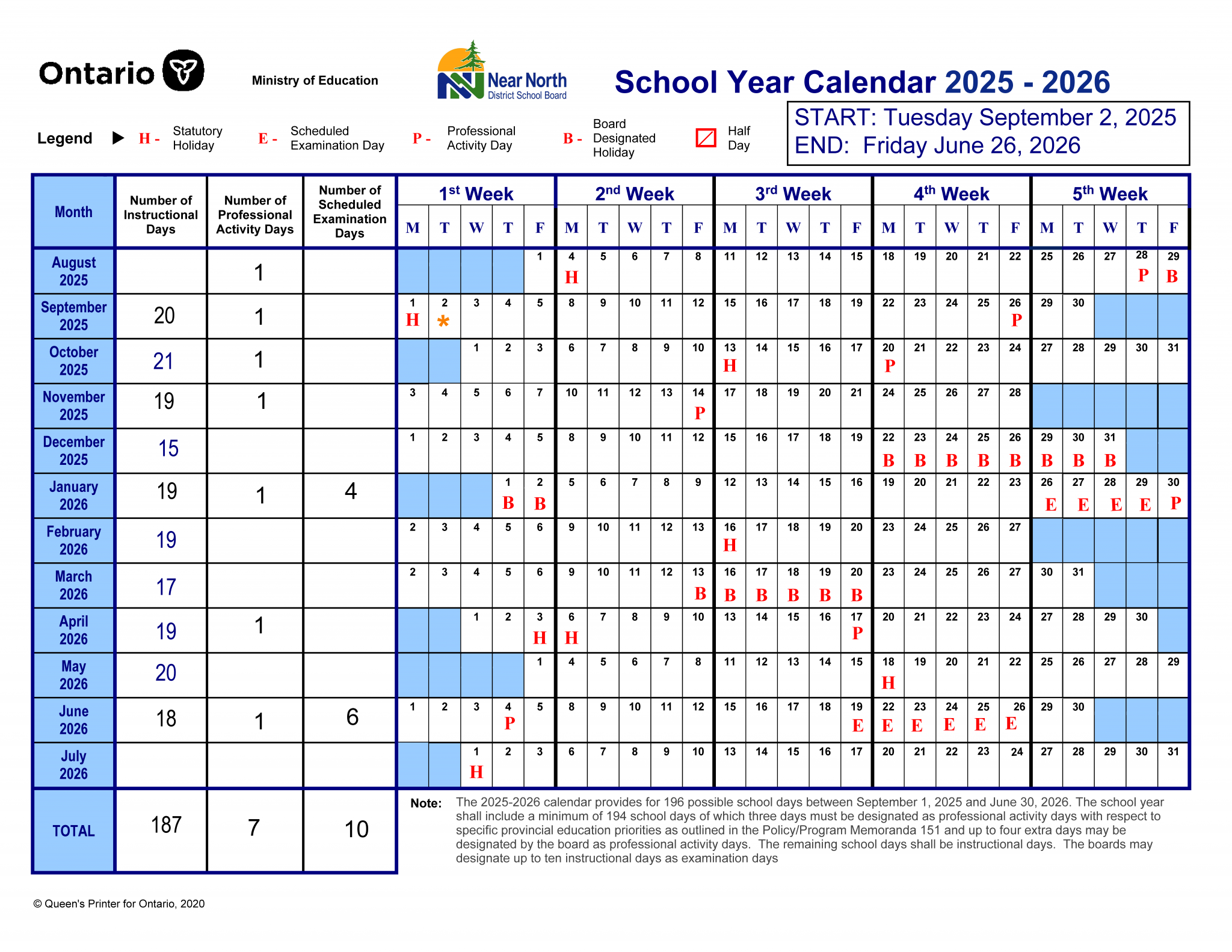School Year Calendar – Near North District School Board